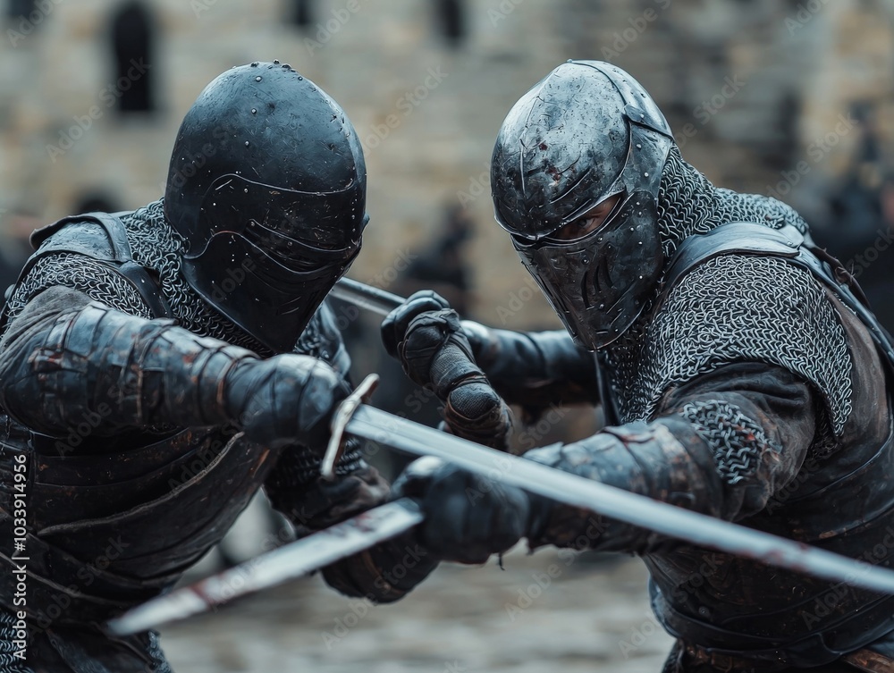 Medieval knights sparring in a castle courtyard, the scene warm and ...