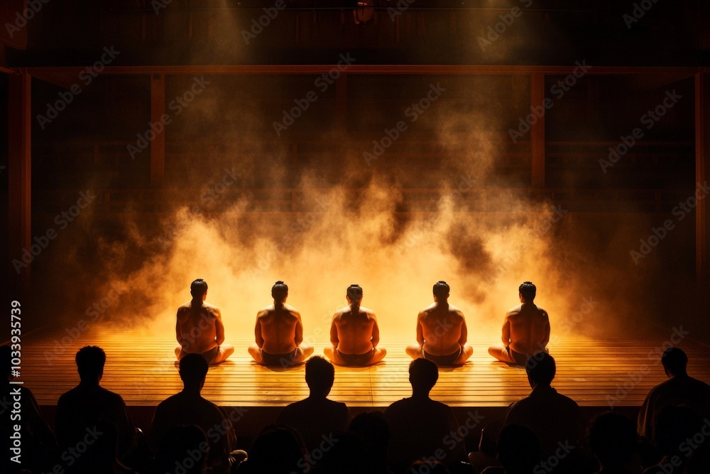Sumo wrestlers in a traditional wooden arena, their powerful bodies ...