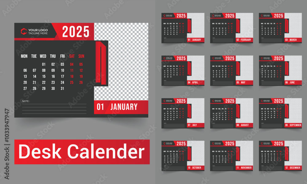 Corporate monthly desk calender 2025 template design. 12 pages planner ...