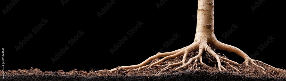 Tree roots emerging from soil, isolated against black background ...
