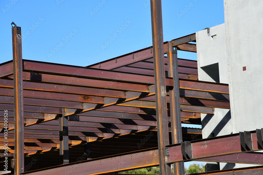 Steel girders and I beams create a support frame work for new multi ...