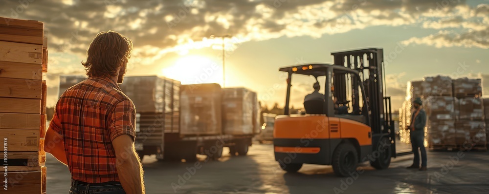 Truck driver parked at a loading dock, guiding a forklift operator as ...
