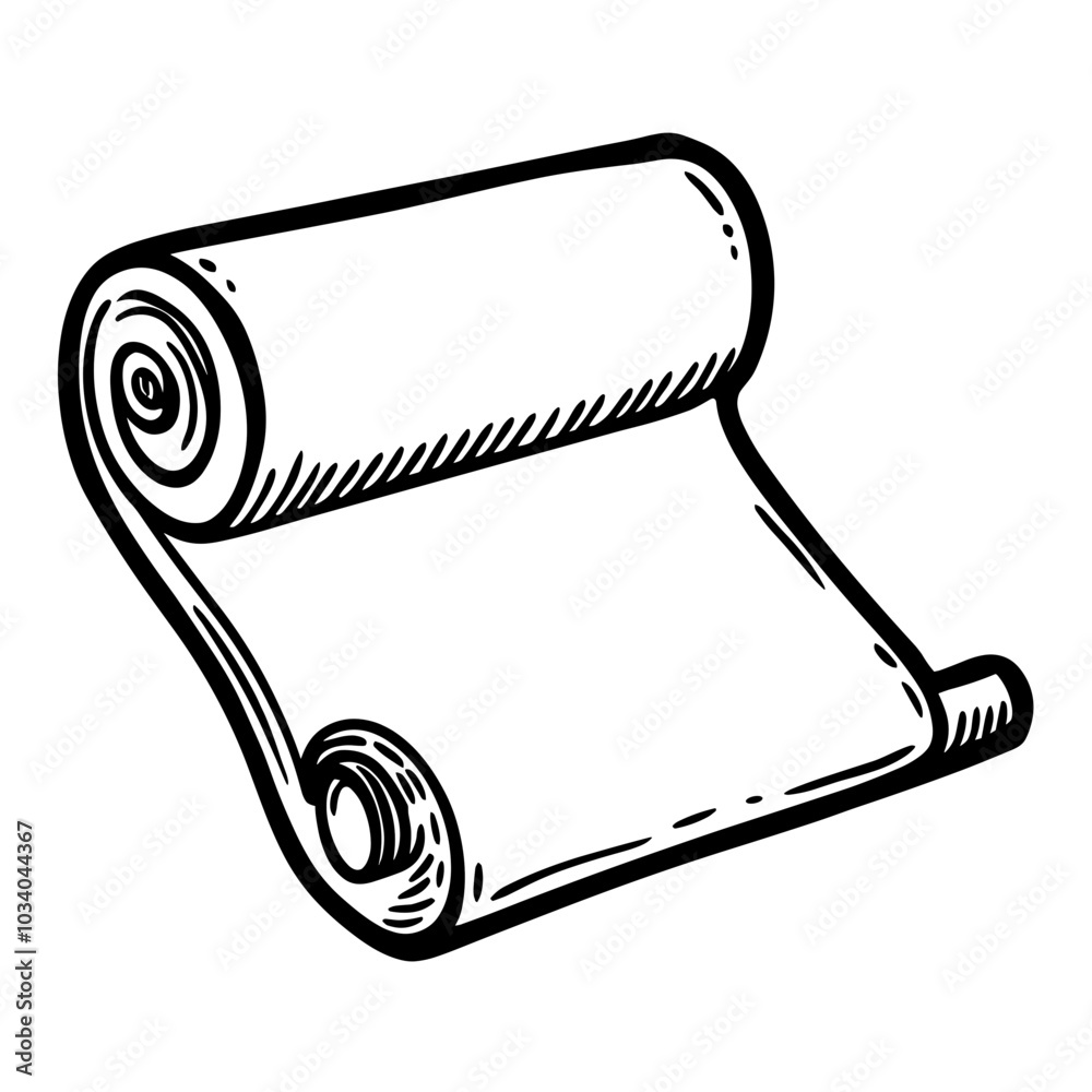A roll of paper is shown in a black and white drawing. The paper is ...