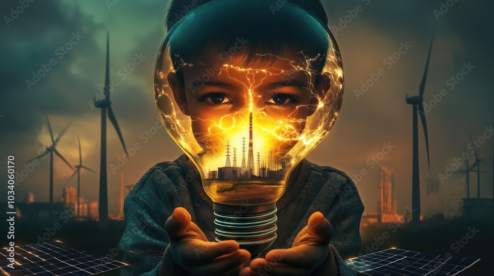 Sustainable future vision: child holding light bulb with renewable ...