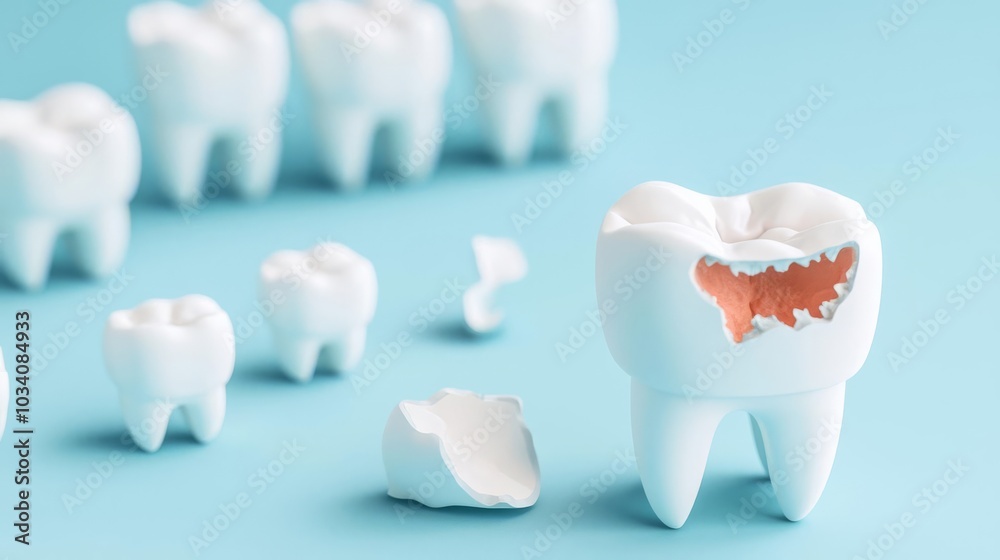 3D render of a decayed tooth with crumbling enamel, showing severe ...