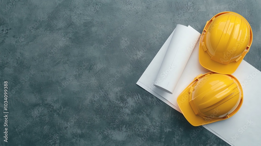 Yellow construction helmets and architectural blueprint on textured ...