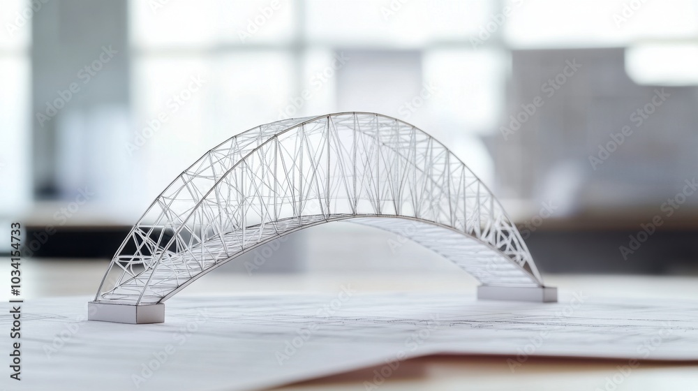 Architectural bridge model in focus with technical drawings in the ...