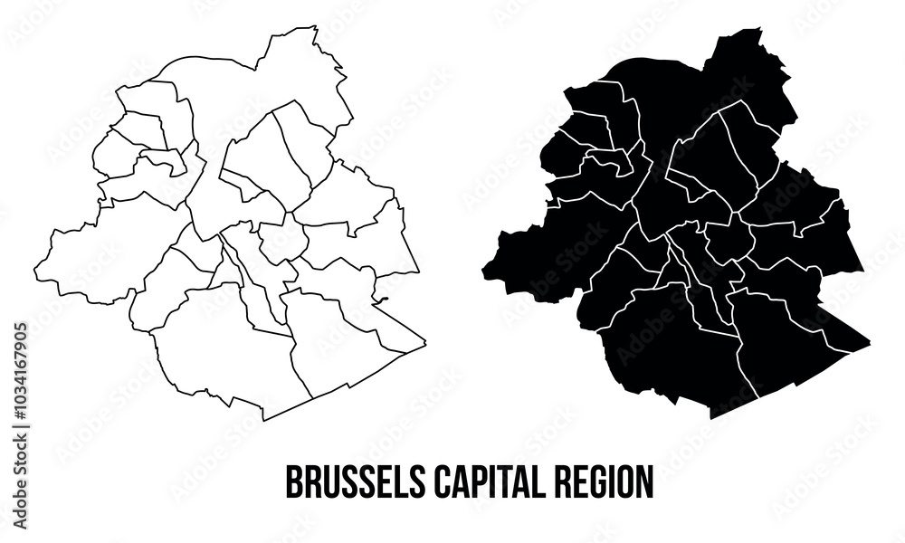 Brussels Capital map of regions districts vector black on white and ...