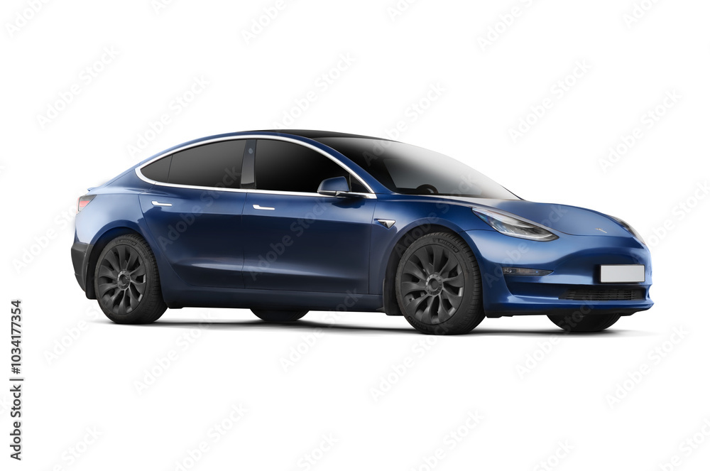 Front right view of a blue Tesla Model 3 photographed on a transparent ...