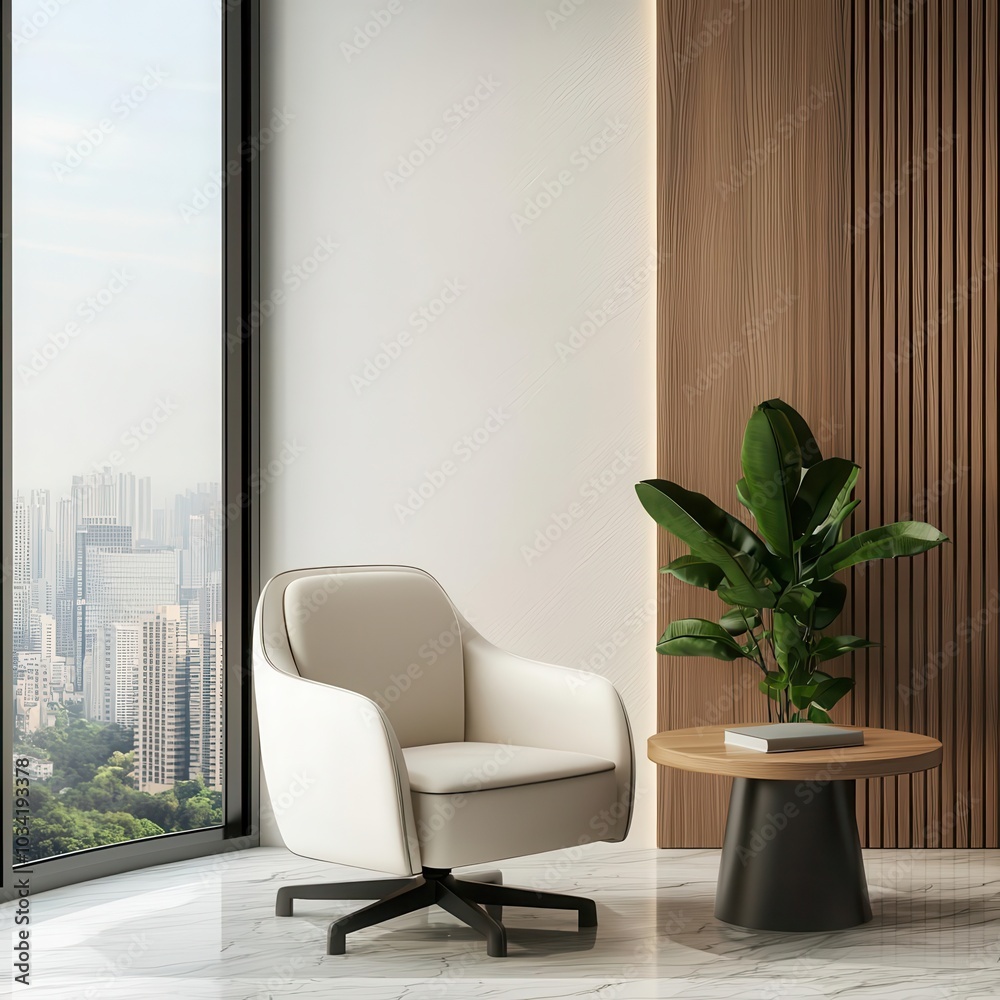 Executive corner office with panoramic city views, clean lines, and ...