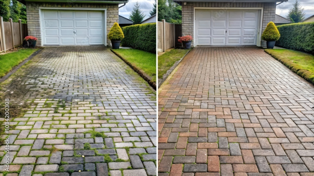 Before and After Brick Paver Driveway Cleaning Removing Weeds, Moss ...