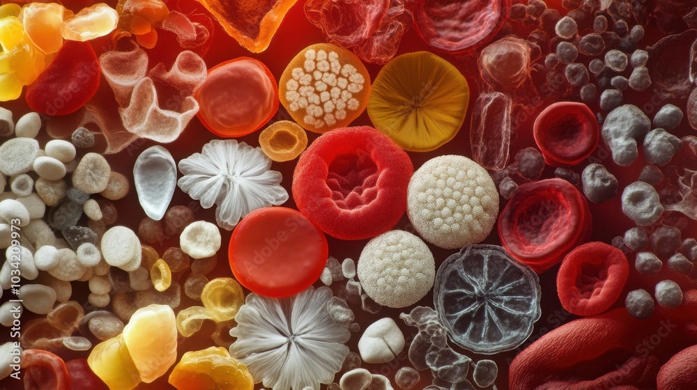 various blood cells, including red blood cells, white blood cells, and ...