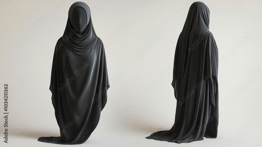 A black abaya, a traditional Islamic garment, worn by a woman. The ...