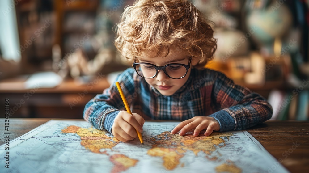 Curious child explores world map with focus and imagination, enhancing ...