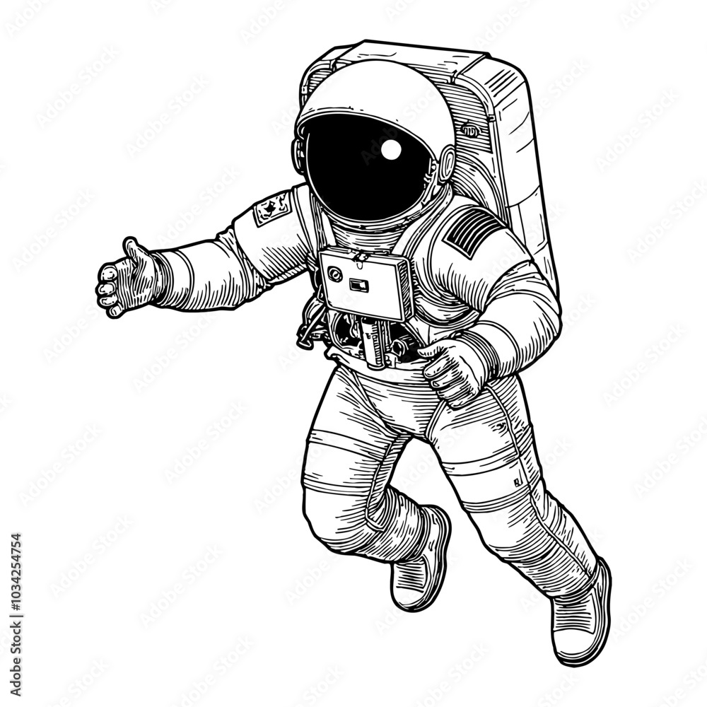 Astronaut in Floating Pose with Helmet in Black and White Outline Line ...