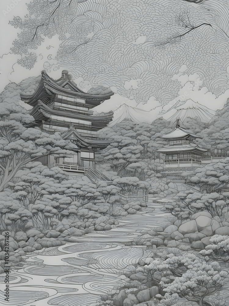 coloring page of a japonese landscape anti-stress , coloring book page ...