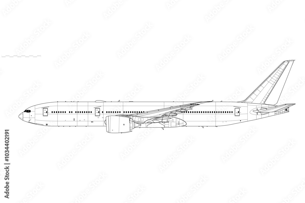 Boeing 777-8. Vector drawing of wide body jet airliner. Side view ...