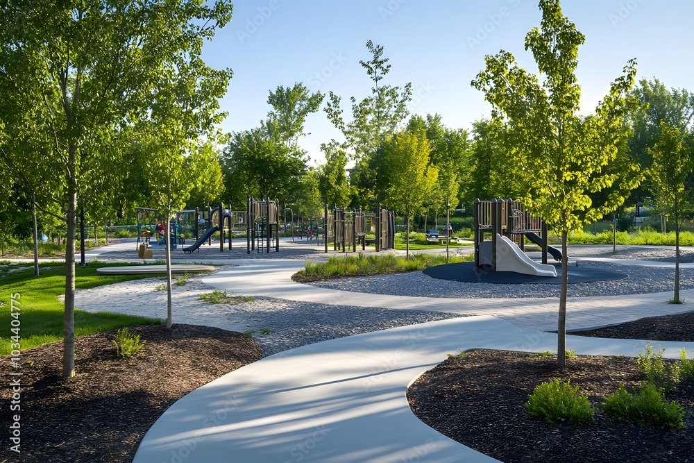 Public park with inclusive design elements, accessible pathways, and ...