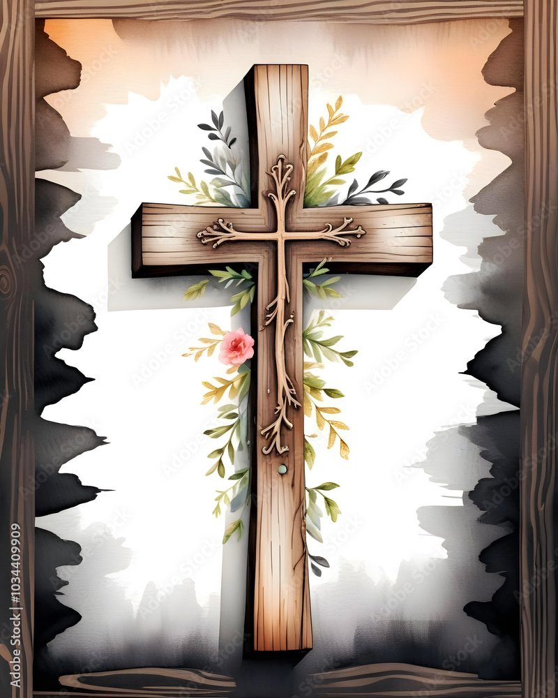 Retro boho floral wooden Cross Clipart, Watercolor Christian wooden ...