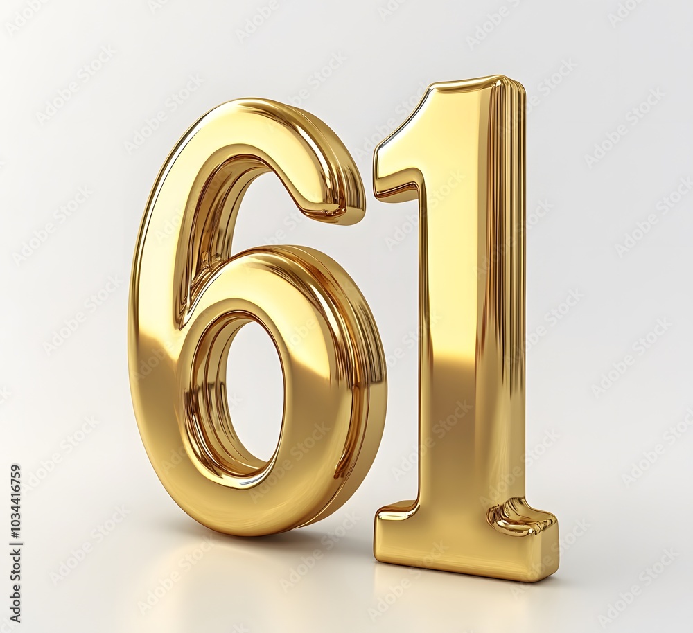 Shiny Golden Number 61 on Smooth White Background Symbolizing Elegance ...