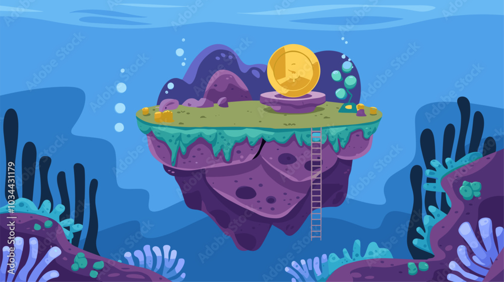 Floating rock islands vector game underwater landscape. Ui level map ...