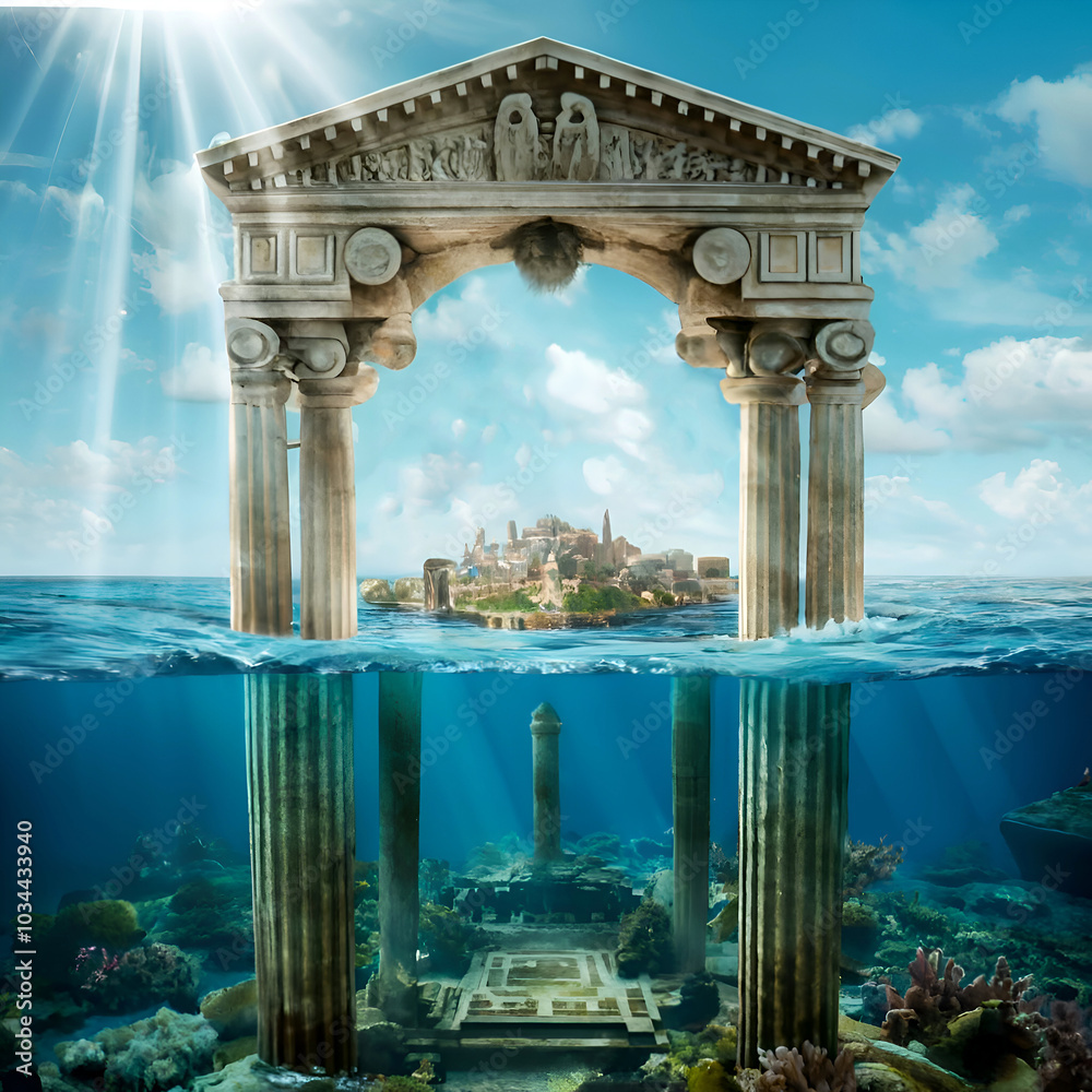 Imaging Construction with columns of lost Atlantida world around ocean ...