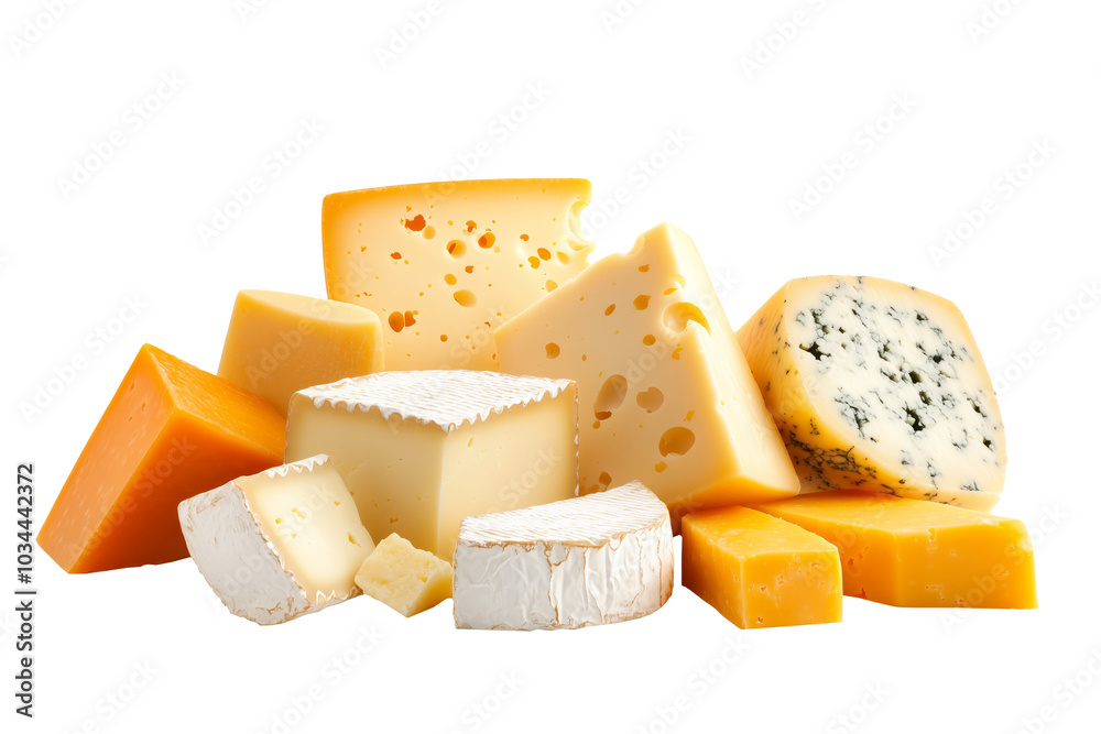 Assorted cheese blocks including Swiss, blue, gouda, and bri isolated ...