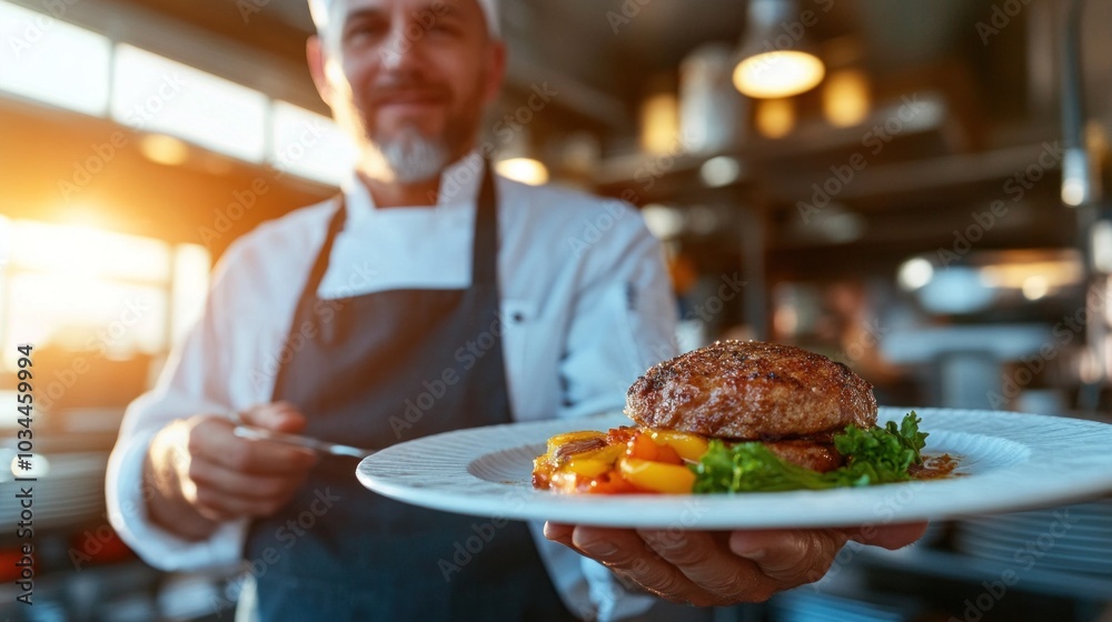 Waiter serving a gourmet dish in an upscale restaurant, illustrating ...
