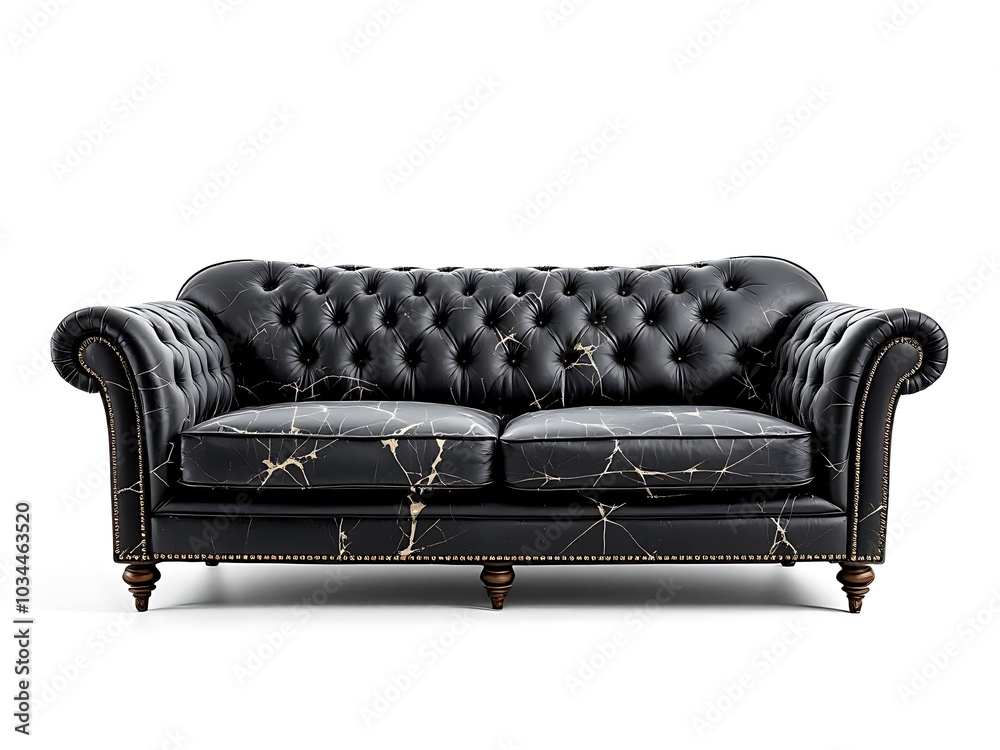 Classic Chesterfield-Style Sofa with Black Leather Upholstery, White ...