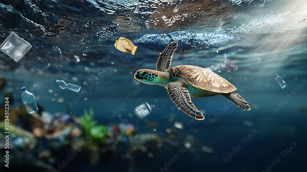 Graceful sea turtle navigating through polluted ocean filled with ...