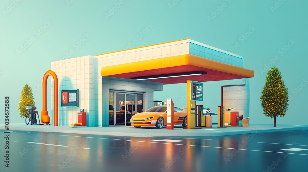 3D cartoon illustration of a futuristic auto service station with smart ...
