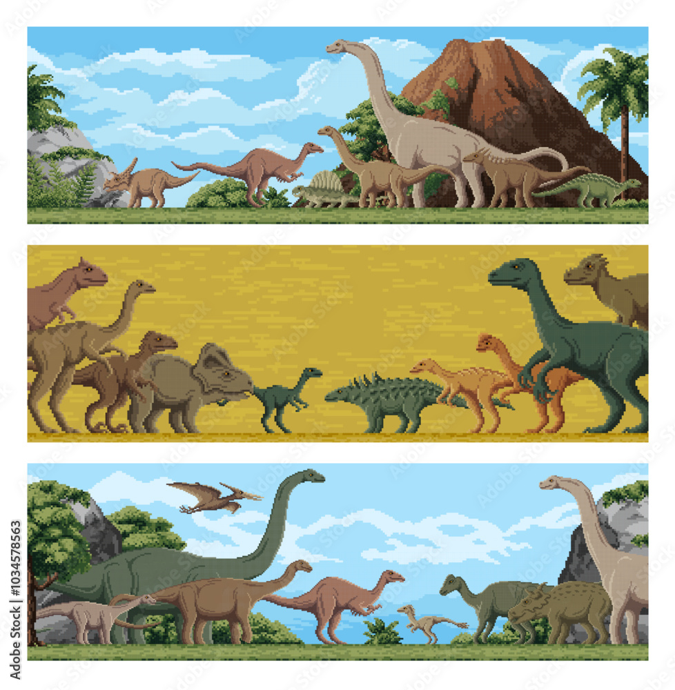 8 bit pixel art dinosaurs and cartoon Jurassic lizards in prehistoric ...