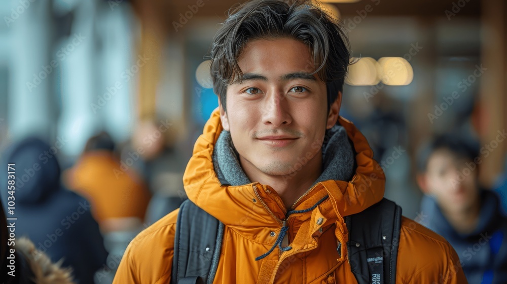 Handsome Asian student smiling in a classroom with students sitting at ...