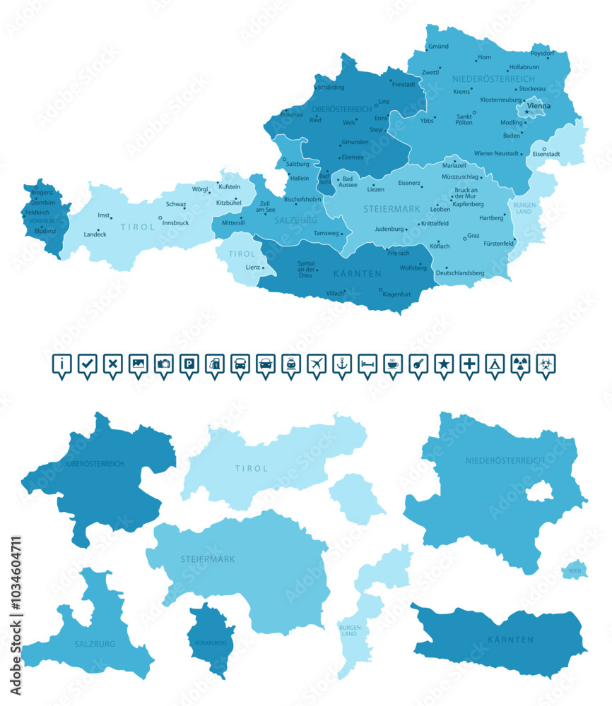Austria - detailed map of the country in blue colors, divided into ...
