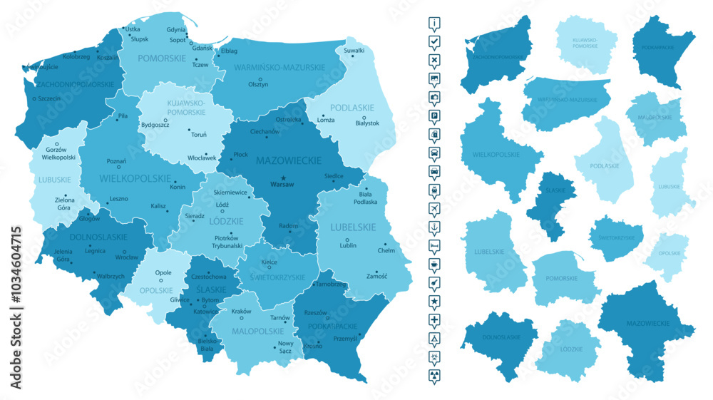 Poland - detailed map of the country in blue colors, divided into ...