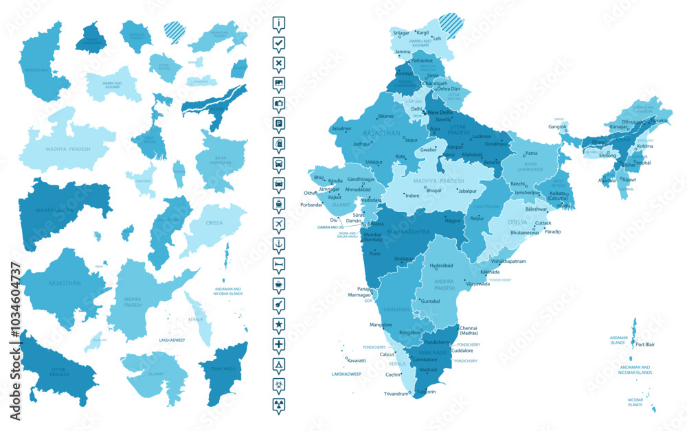 India - detailed map of the country in blue colors, divided into ...