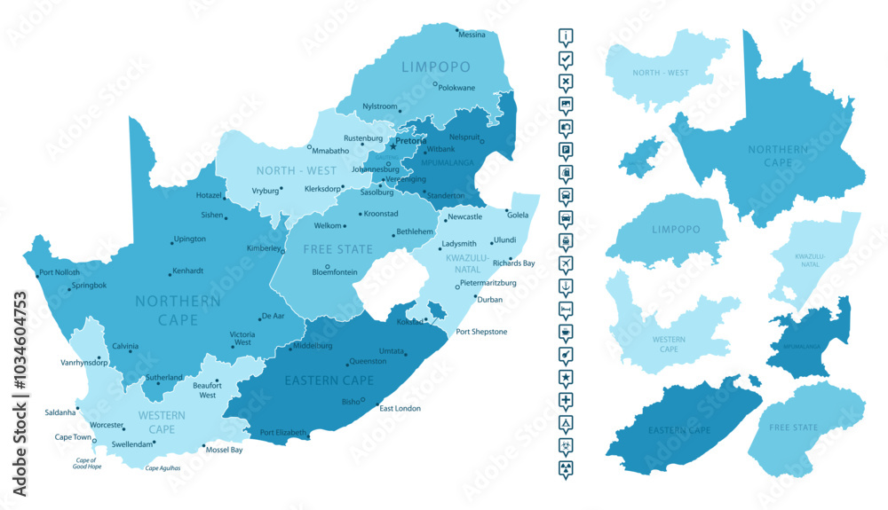 South Africa - detailed map of the country in blue colors, divided into ...