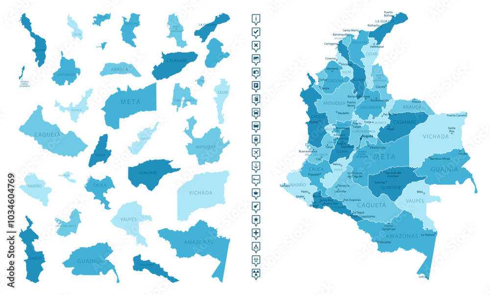 Colombia - detailed map of the country in blue colors, divided into ...