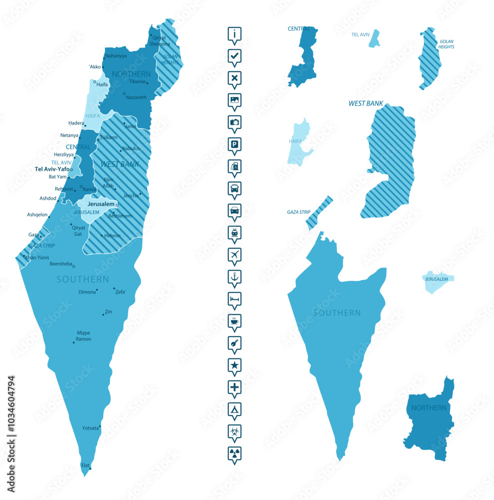 Israel - detailed map of the country in blue colors, divided into ...