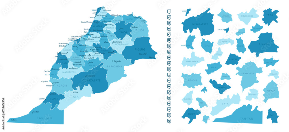 Morocco - detailed map of the country in blue colors, divided into ...