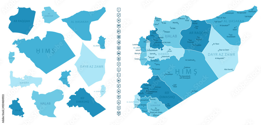 Syria - detailed map of the country in blue colors, divided into ...