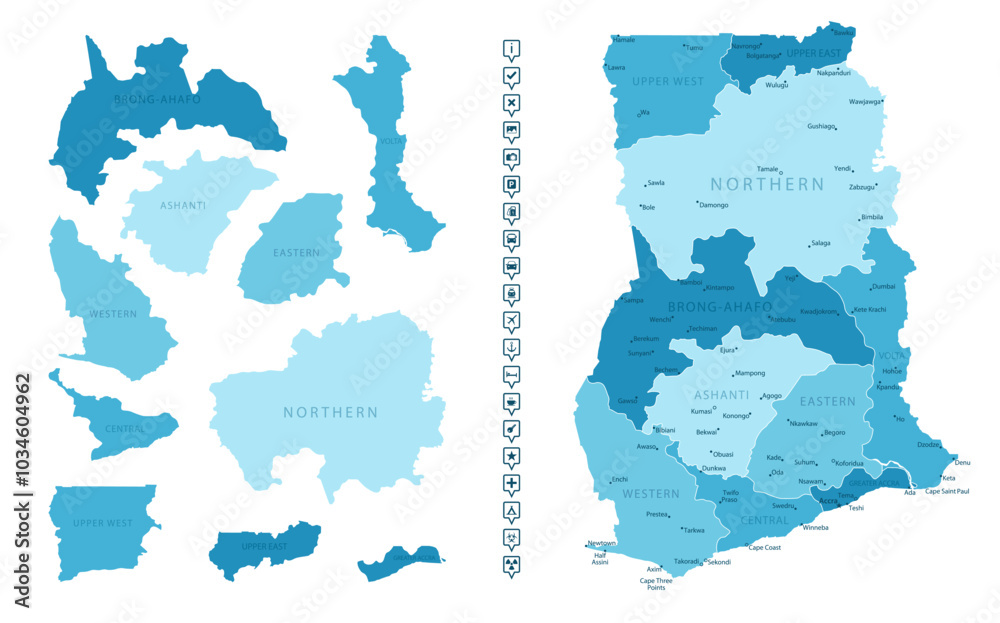Ghana - detailed map of the country in blue colors, divided into regions. Infographic icons ...