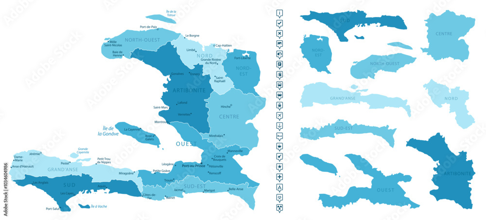Haiti - detailed map of the country in blue colors, divided into ...