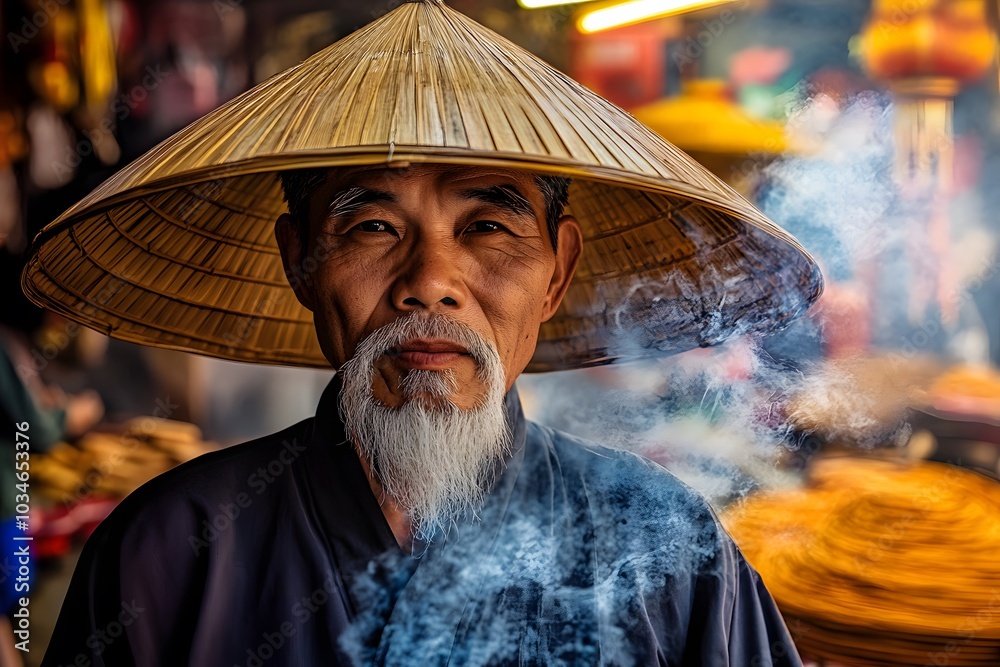 Vietnamese Man with Conical Hat and Smoke Stock Photo | Adobe Stock
