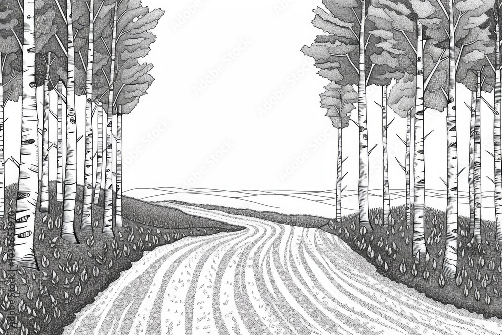 Coloring book illustration of a winding gravel road bordered by birch ...