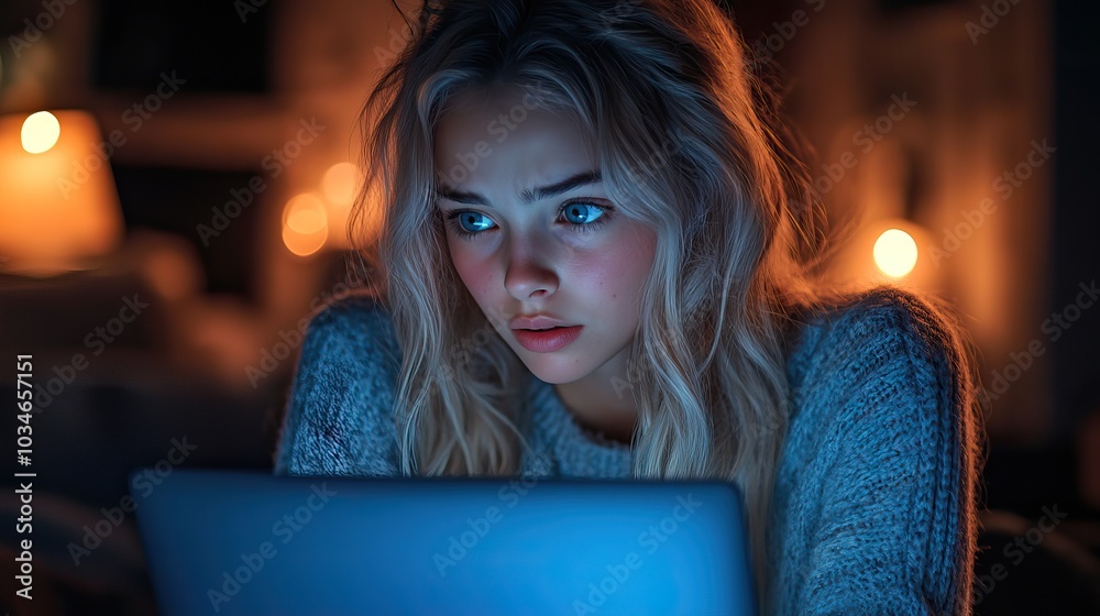 distressed teenage girl sits in front of her computer visibly upset as ...
