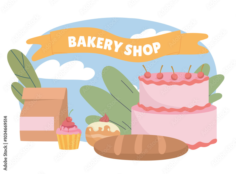 Bakery shop poster. Cake, bun, cupcake and package. Pastry and homemade ...