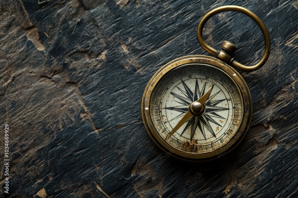 Antique compass with an arrow pointing north, high detail, rustic ...