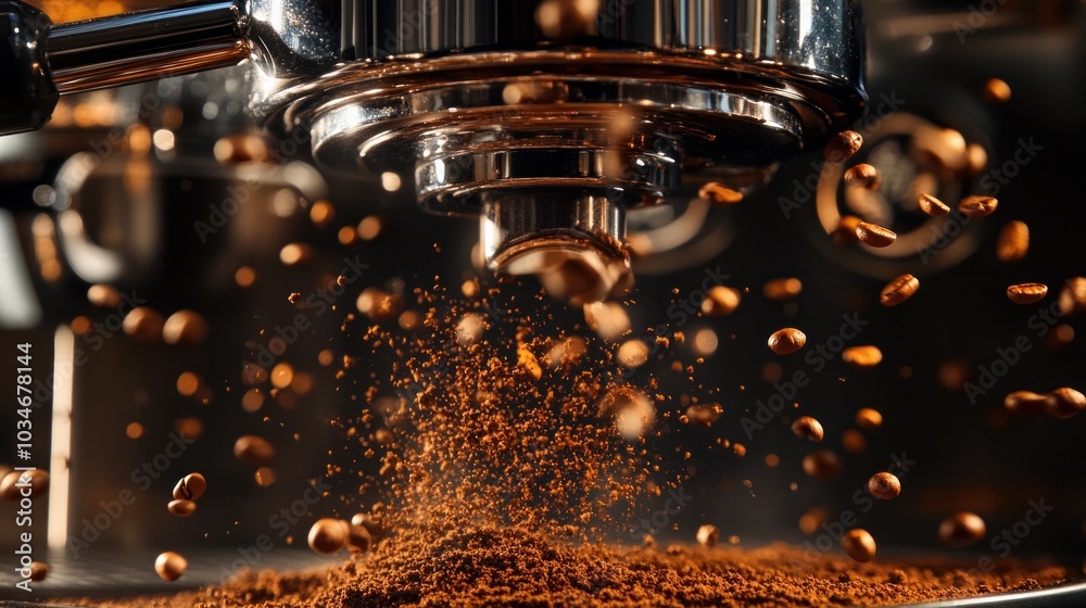 Falling from the grinder into the portafilter is freshly ground coffee ...