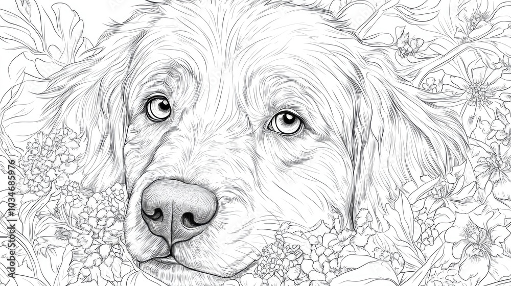 Beautiful line art coloring page featuring a dog Stock Illustration ...
